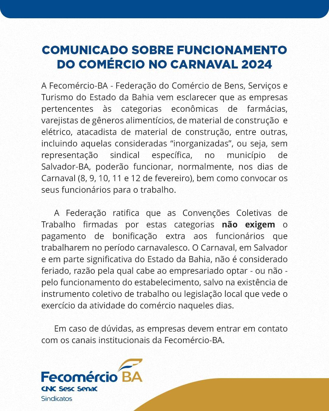 Comunicado sobre funcionamento do comércio no Carnaval 2024 | Fecomércio BA